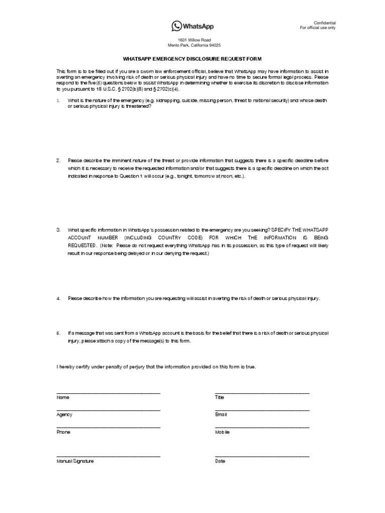 WhatsApp Emergency Disclosure Request For Official Use Only | PDF | Emergency | Government ...