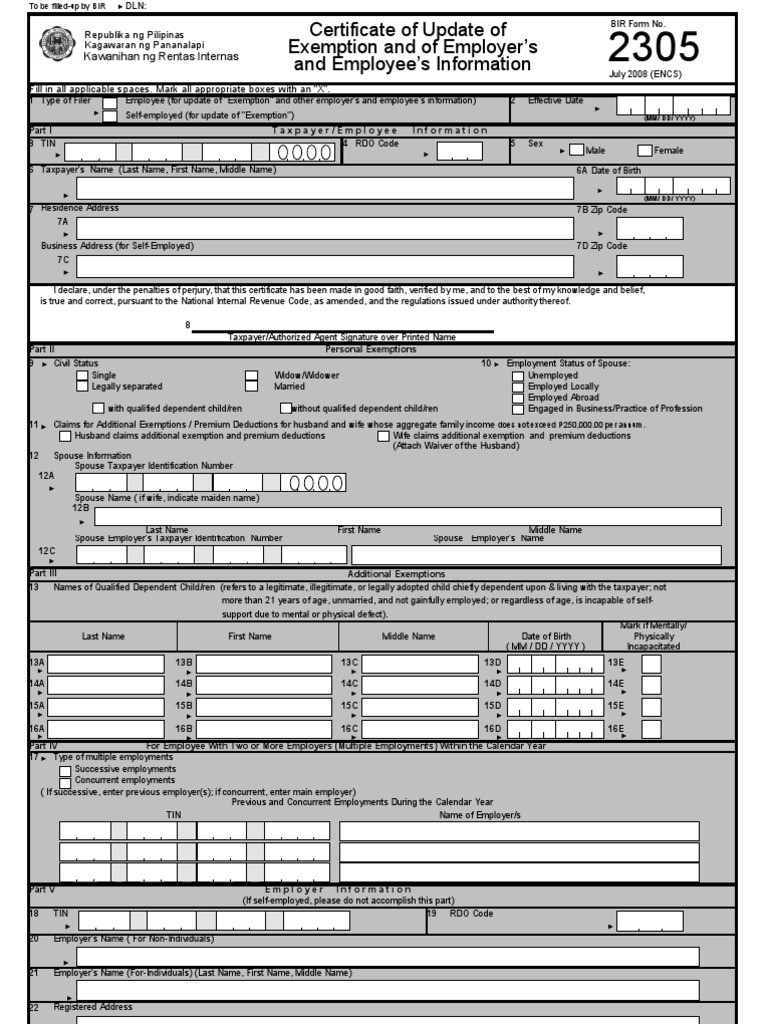 BIR Form2305 | PDF | Taxation | Government Information