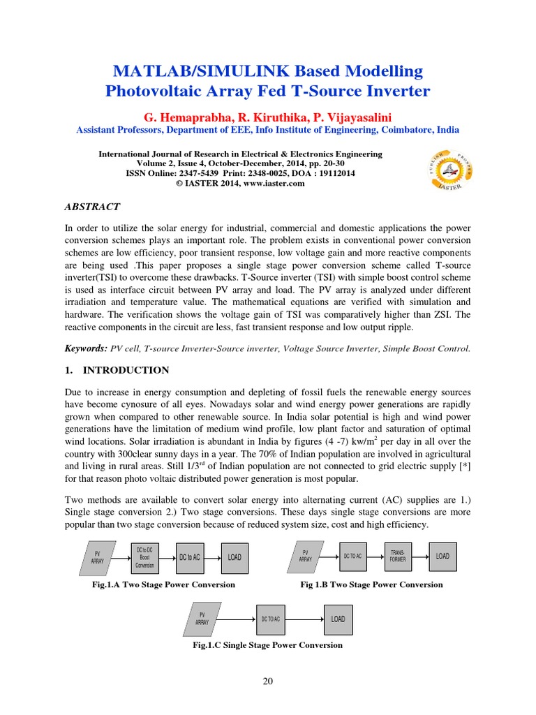 MATLAB SIMULINK Based Modelling Photovoltaic Array Fed T-Source Inverter | PDF | Power Inverter ...