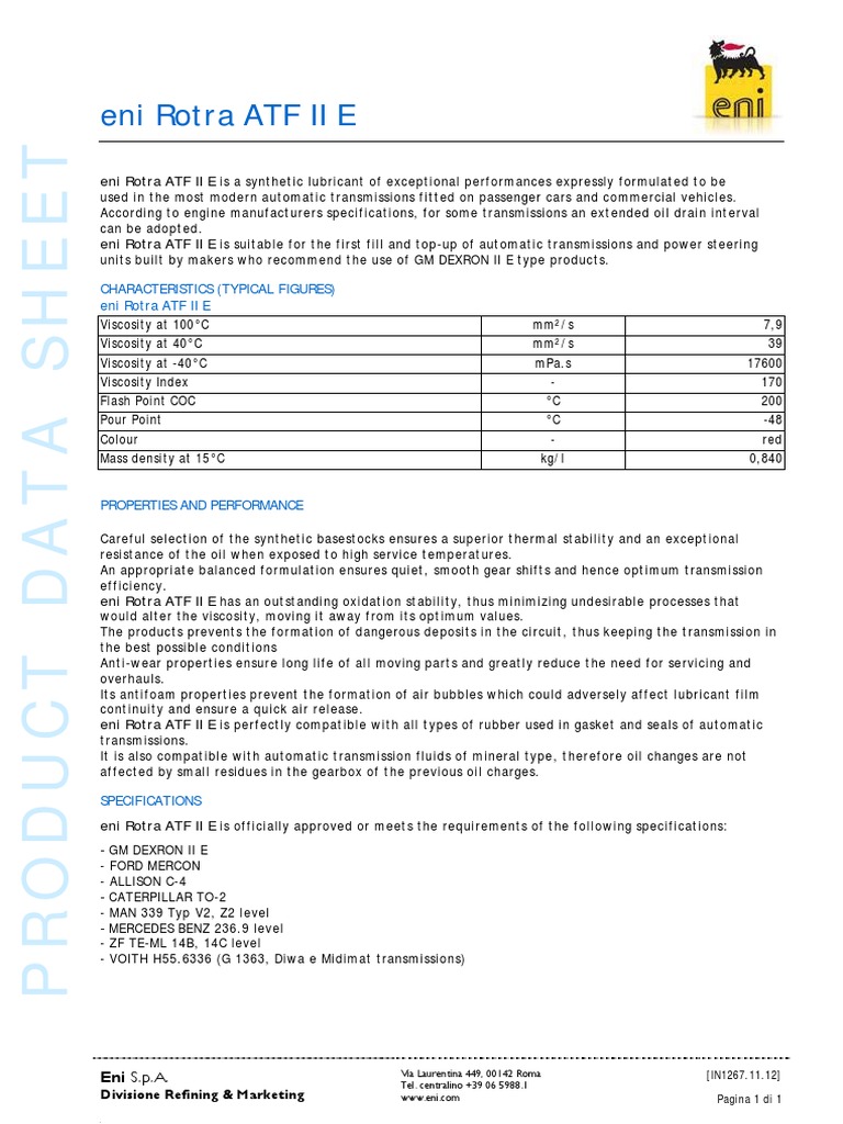 Characteristics (Typical Figures) Eni Rotra ATF II E | PDF | Automatic Transmission ...