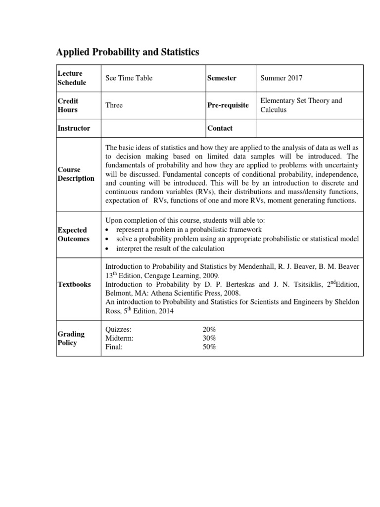 Applied Probability and Statistics: Schedule Semester | PDF ...