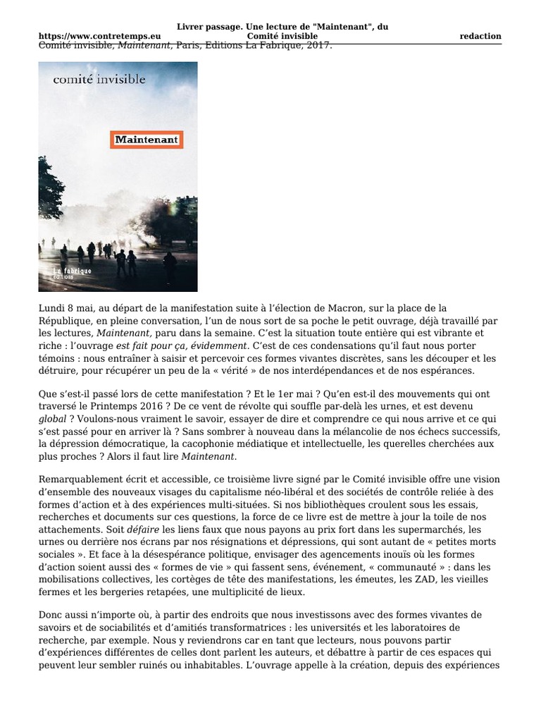 Lecture de "Maintenant" du Comité Invisible | PDF | Lecture (Processus ...