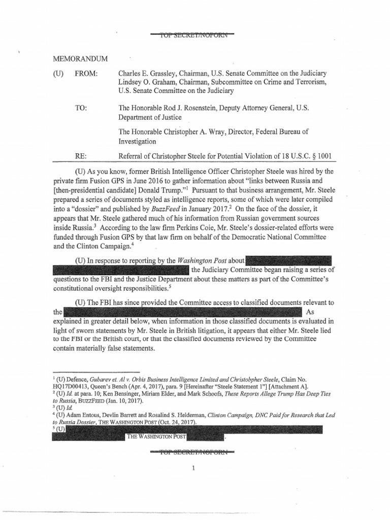 Unclassified CEG LG Memo To DOJ FBI (Steele Referral) | PDF | Government