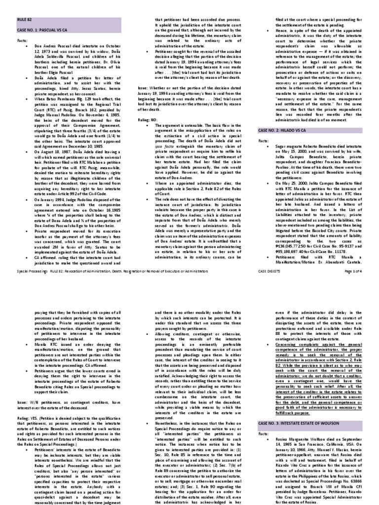 Rule 82 - Case Digests | PDF | Probate | Intestacy