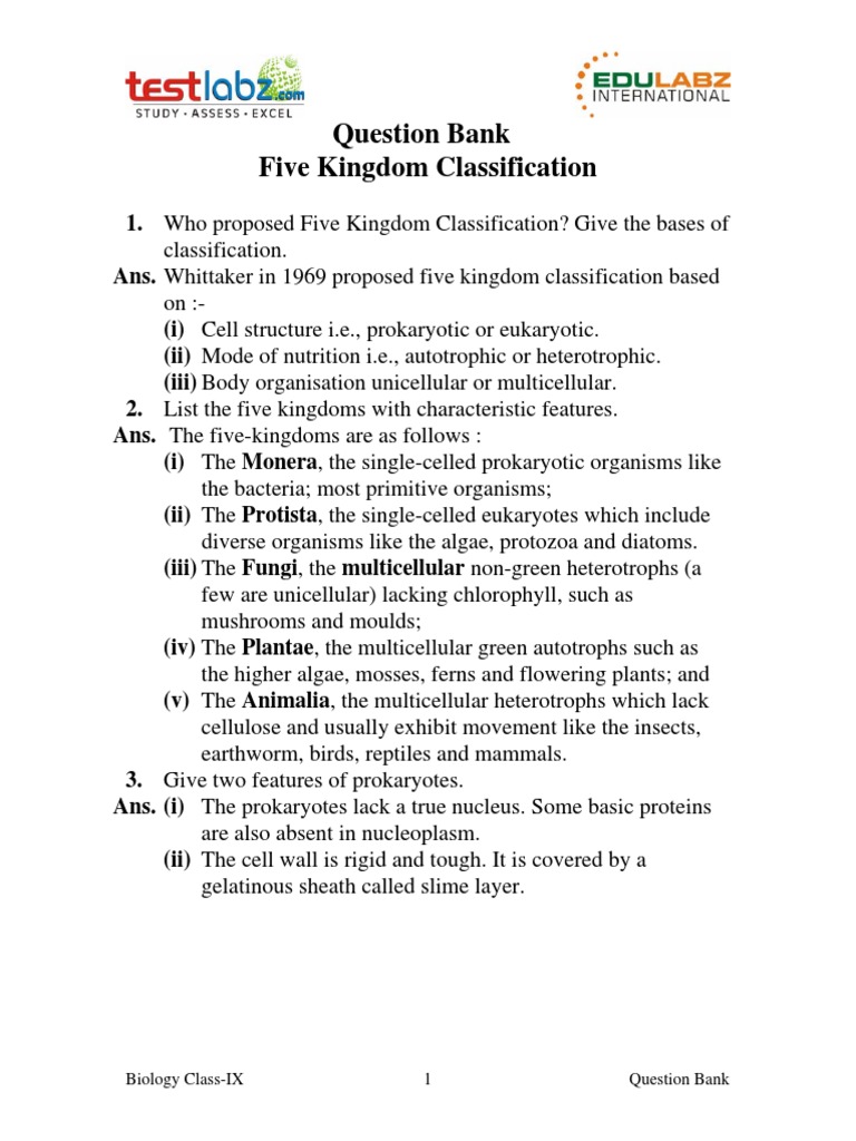 Five Kingdom Classification | PDF | Plants | Fungus