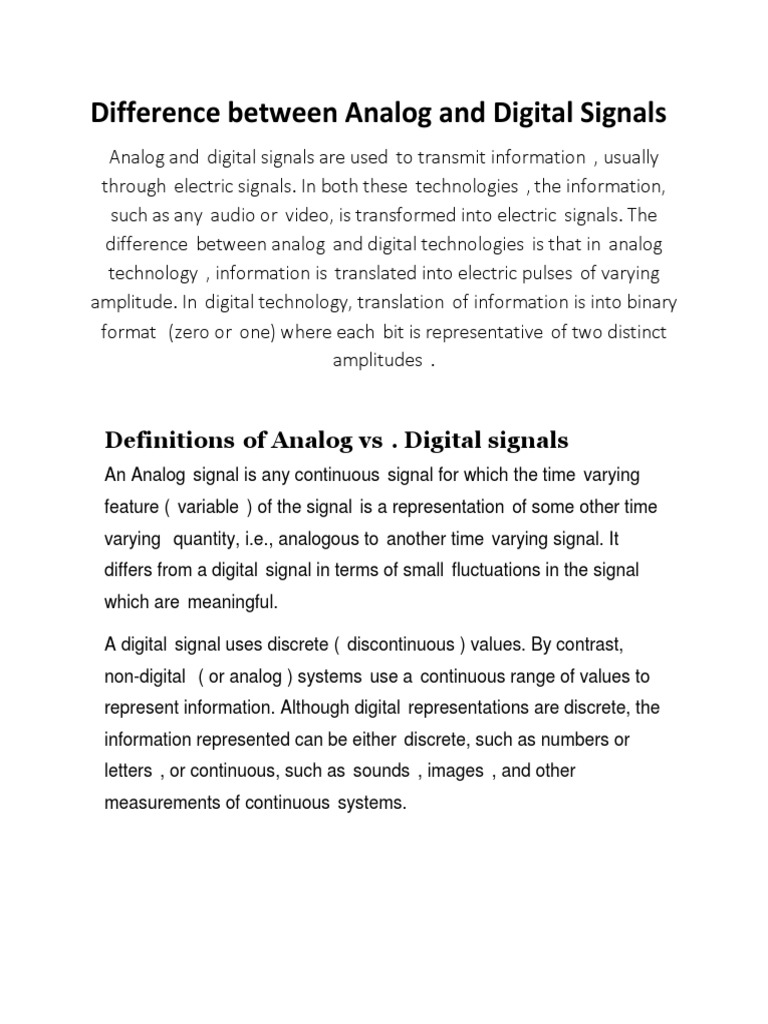 Difference Between Analog and Digital Signals | PDF | Digital Signal ...