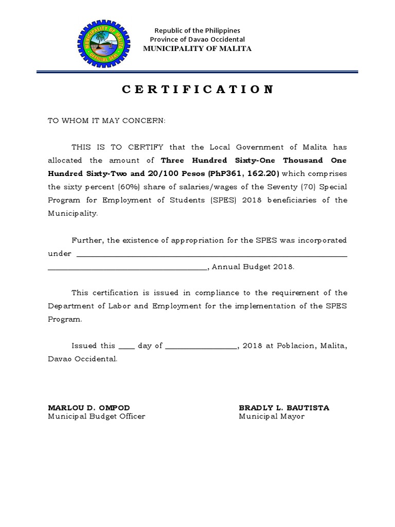 Certification For Budget Allocation | PDF | Labor | Employment