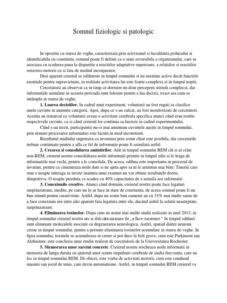 Somnul Fiziologic Si Patologic | PDF