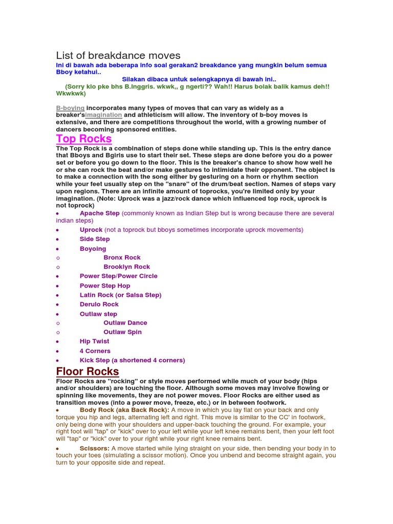 List of Breakdance Moves: Top Rocks | PDF | Leisure | Sports