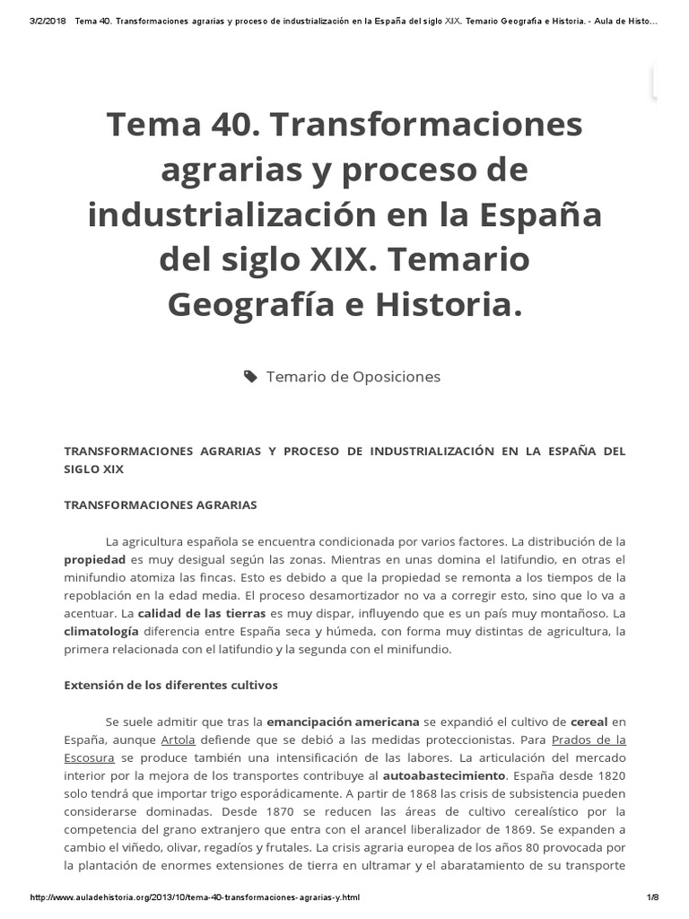Tema 40. Transformaciones Agrarias y Proceso de Industrialización en La España Del Siglo XIX ...