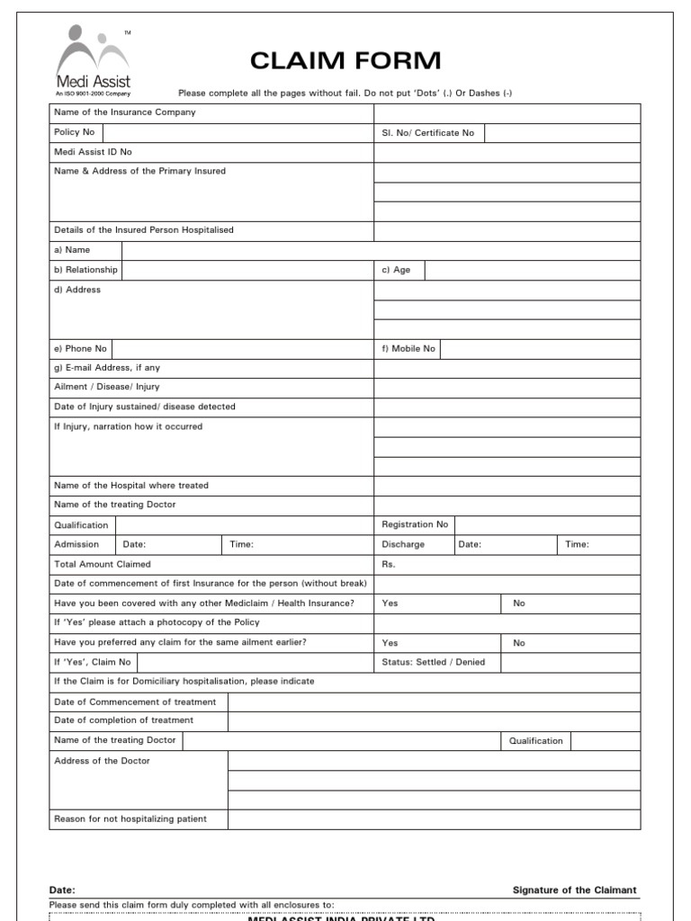 Medi Assist Claim Form Instructions | PDF | Patient | Hospital