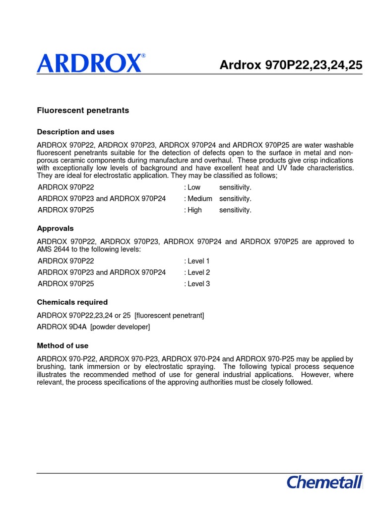 Ardrox 970p Series Fluorescent Penetrants PDF | PDF | Water | Materials