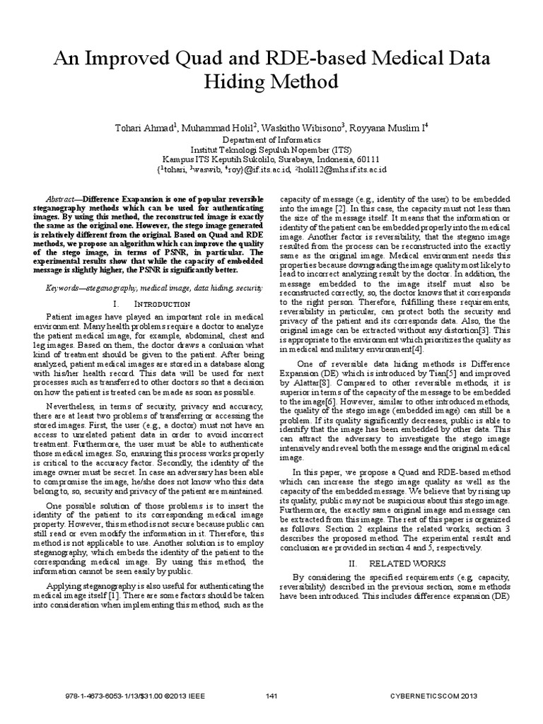 An Improved Quad and RDE-based Medical Data Hiding Method | PDF | Authentication | Privacy