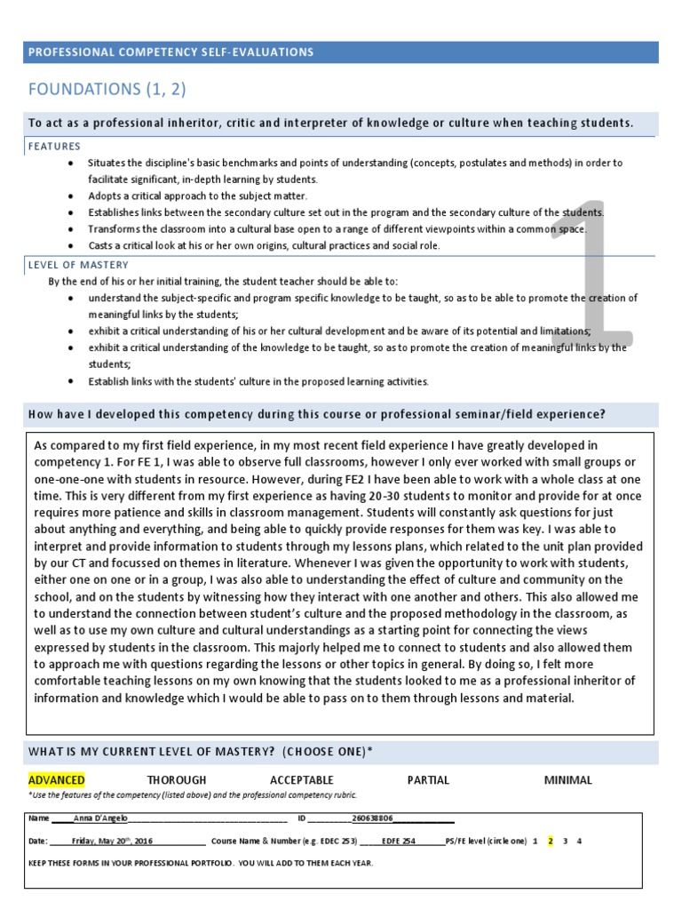 Foundations (1, 2) : Professional Compete Ncy Self-Evaluations | PDF ...