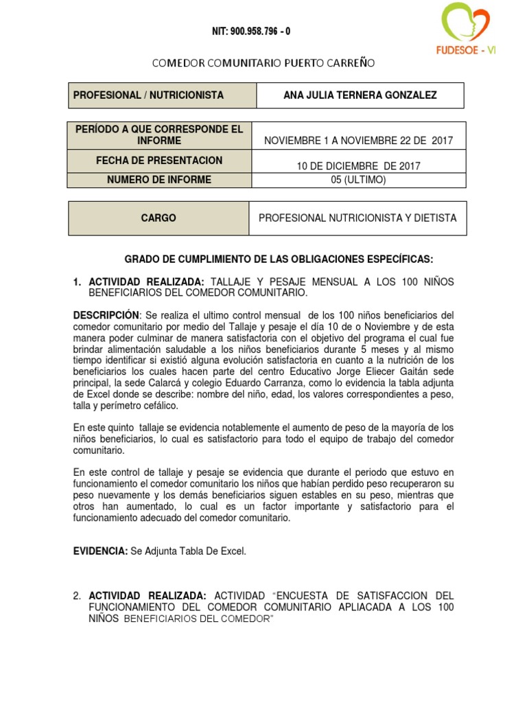 Formato Informe Comedor | PDF | Dietético | Nutrición