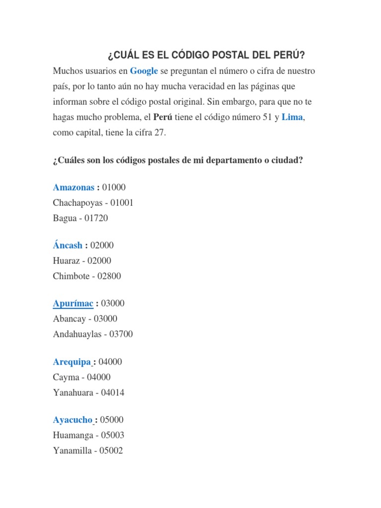 Código Postal Del Perú | PDF