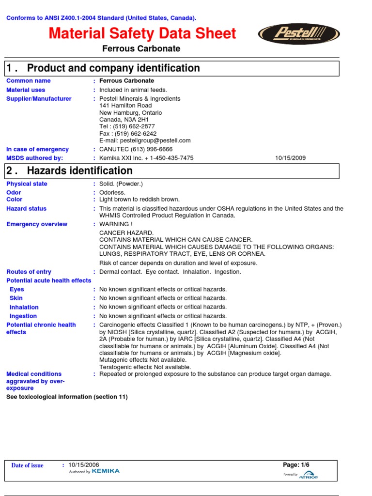 Material Safety Data Sheet: Product and Company Identification 1 | PDF ...