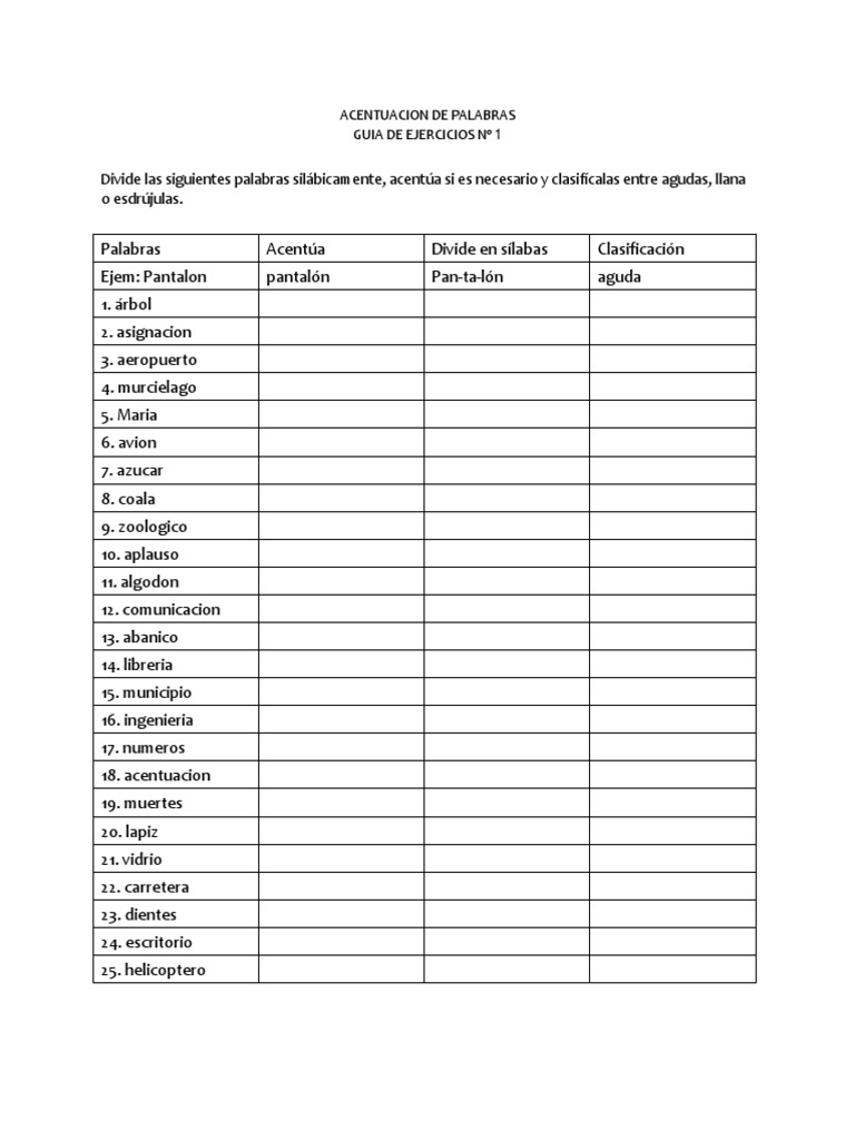 Acentuacion de Palabras Ejercicios | PDF | Fonética | Fonología