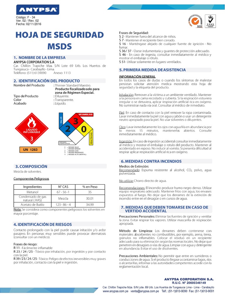 Msds Thinner en Español PDF | PDF