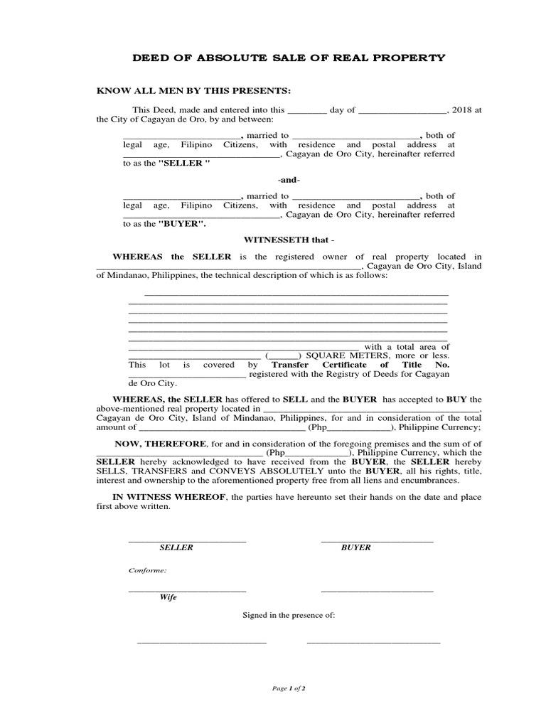 Deed of Absolute Sale Template | PDF | Deed | Real Property Law