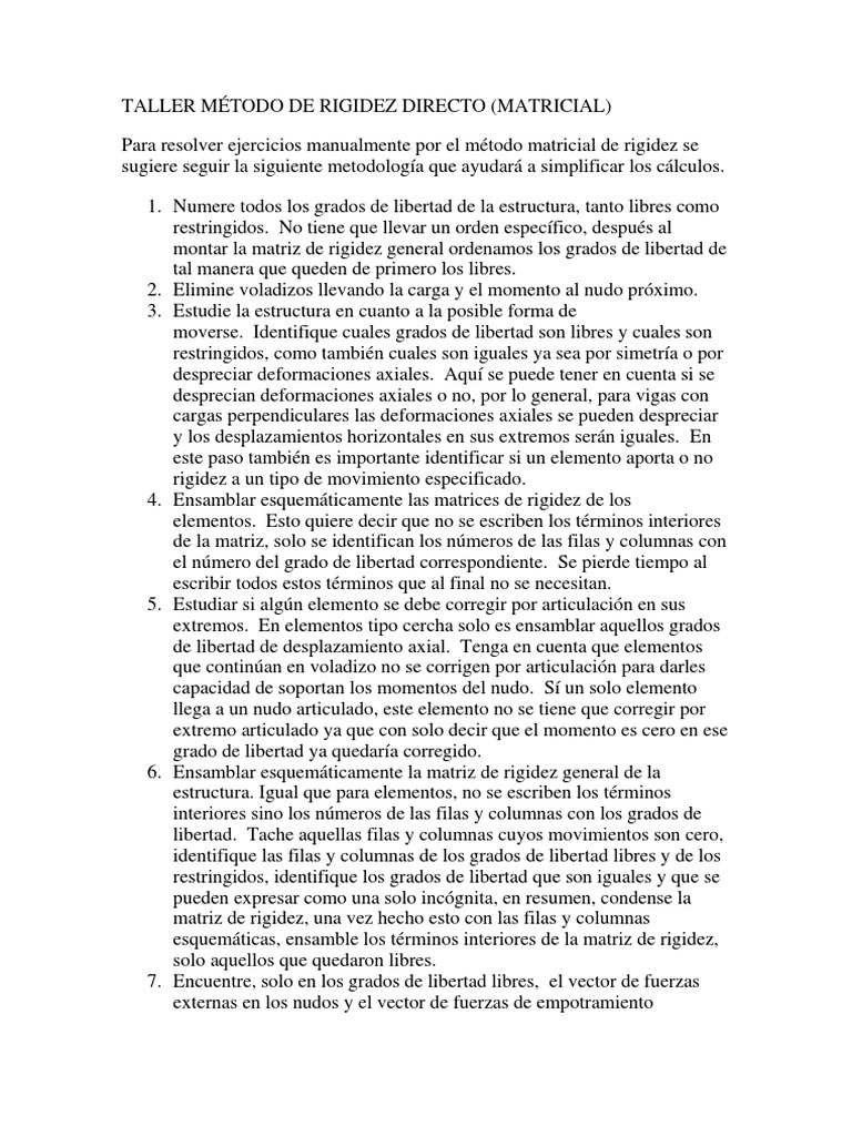 Taller Método de Rigidez Directo | PDF | Rigidez | Matriz (Matemáticas)