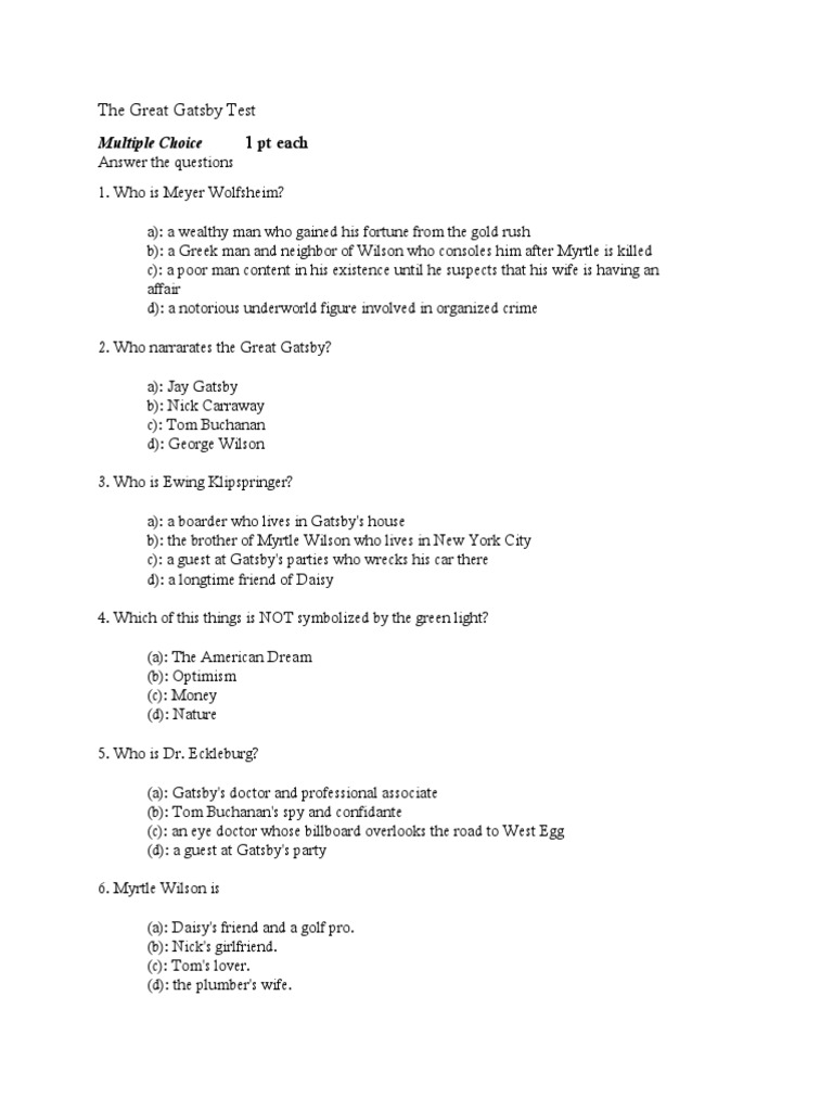 The Great Gatsby Test | PDF | The Great Gatsby