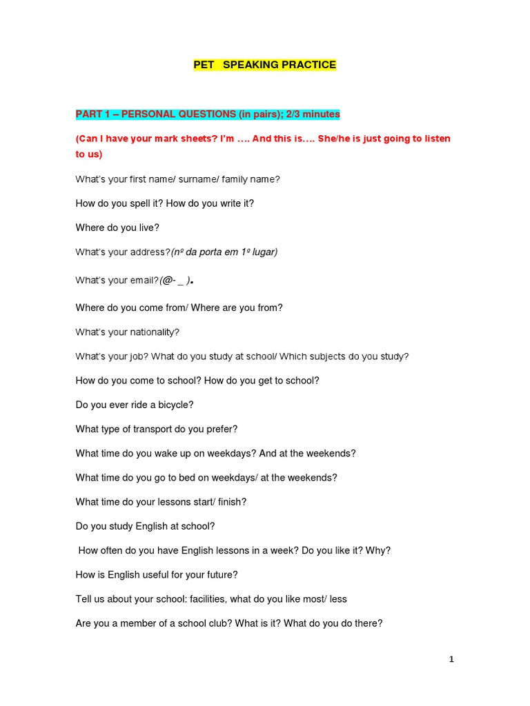 PET Part 1 Personal Questions | PDF