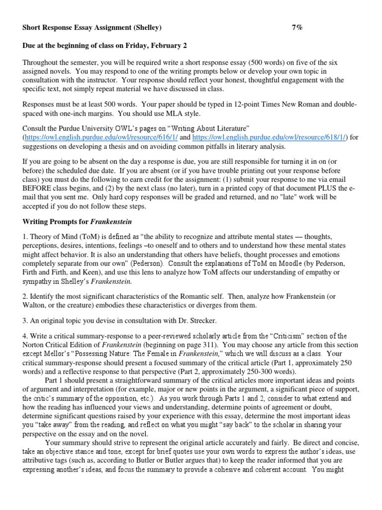 Frankenstein Short Response Essay Assignment | PDF | Frankenstein | Essays