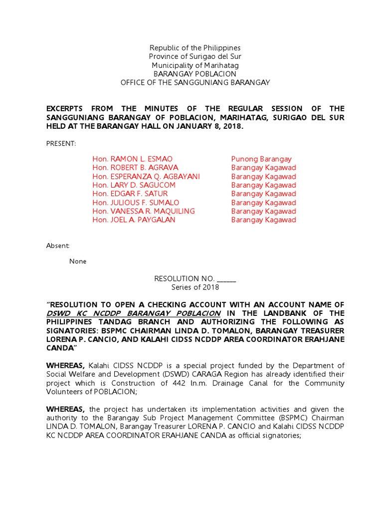 Barangay Resolution OPENING BANK ACCOUNT | PDF | Government