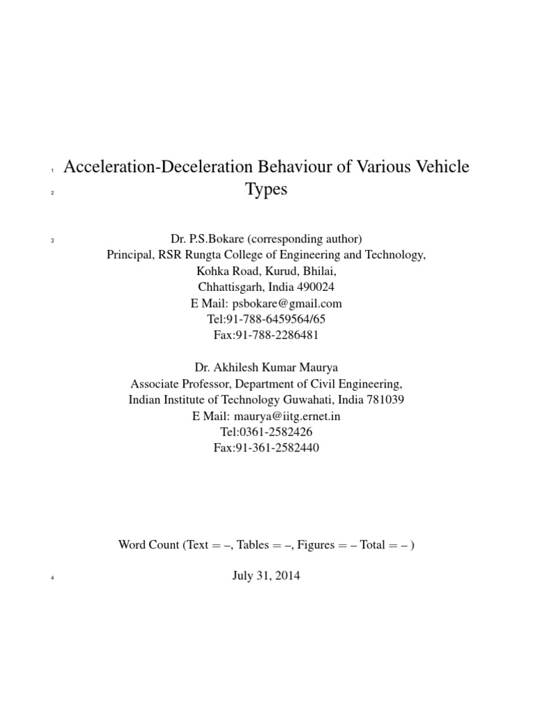 Acceleration-Deceleration Behaviour of Various Vehicle Types PDF | PDF ...