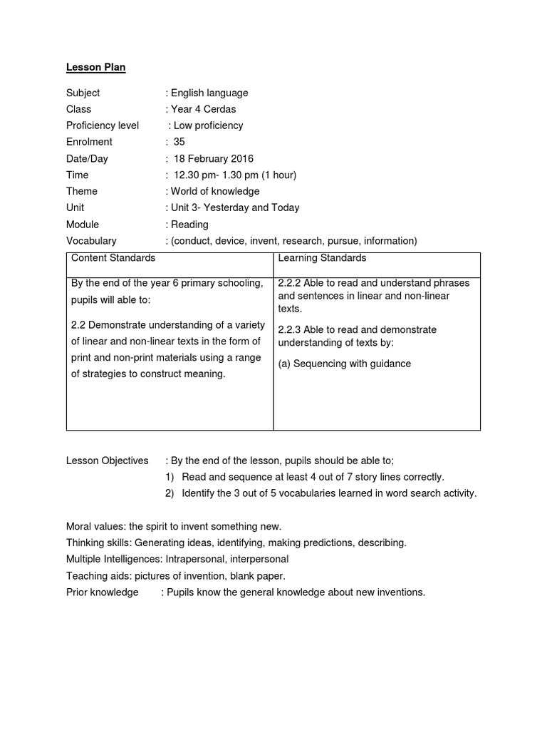 Reading 1 - Yesterday and Today | PDF | Lesson Plan | Vocabulary