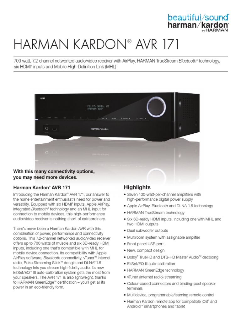 Specification Sheet - AVR 171 (English) | PDF | Hdmi | I Pod