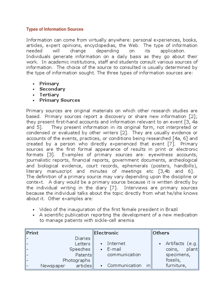 Types of Information Sources | PDF | Primary Sources | Library And Museum
