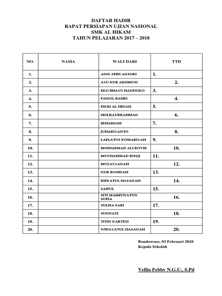 Daftar Hadir Pengambilan Raport | PDF