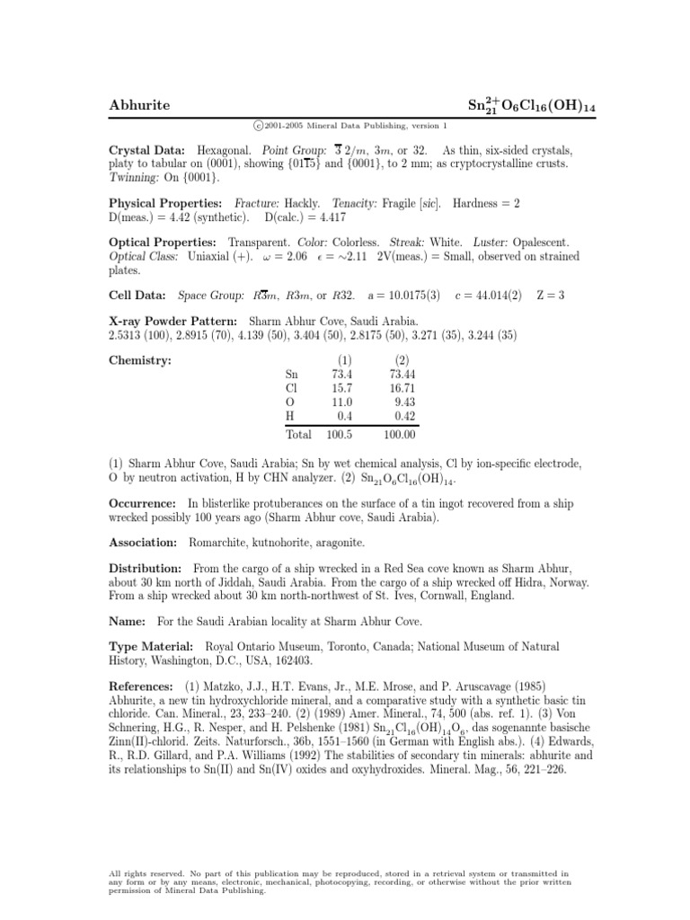 Abhurite SN O CL (OH) : Crystal Data | PDF | Tin | Mineralogy