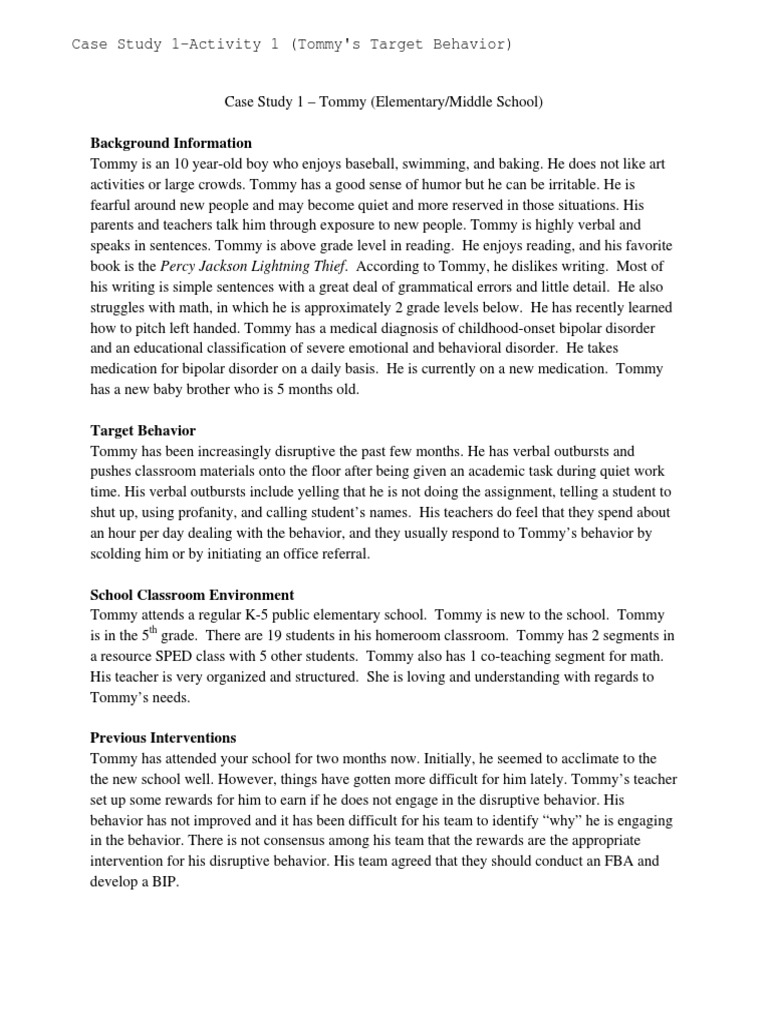 Case Study 1 Activity 1 6 | Behavior | Classroom