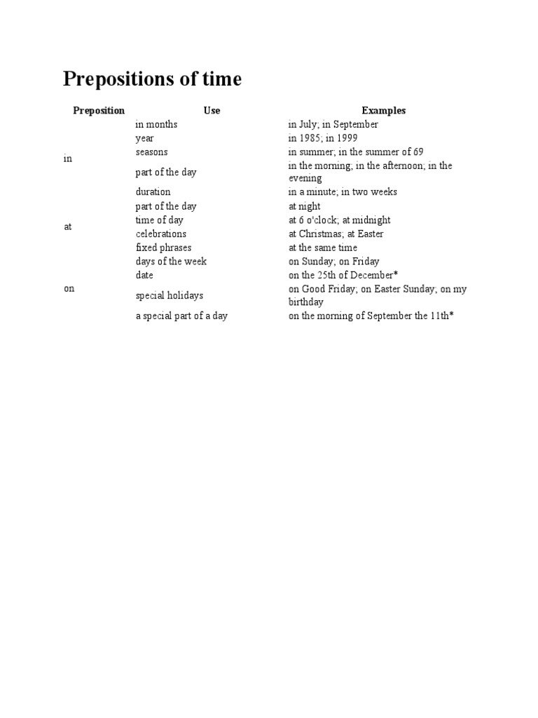Prepositions of Time | PDF