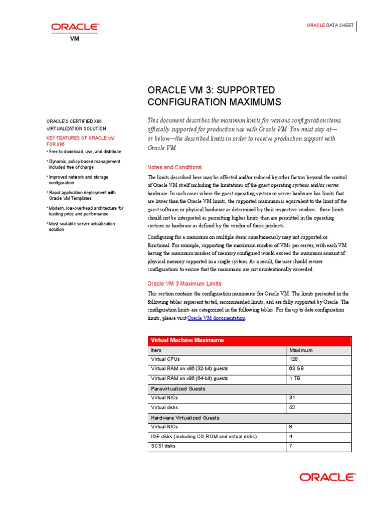 Oracle VM 3: Supported Configuration Maximums: Notes and Conditions ...