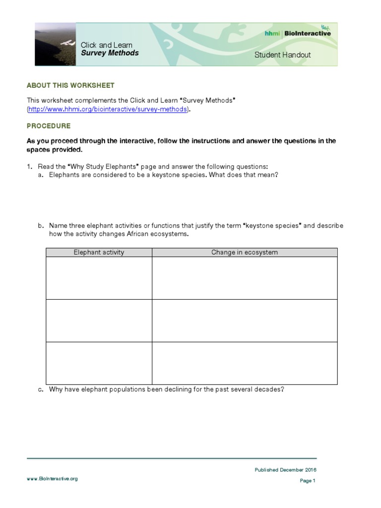 Survey Methods Worksheet | PDF | Elephant | Conservation