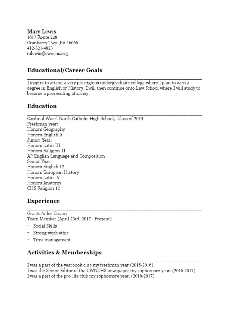 Mary Lewis Resume | PDF