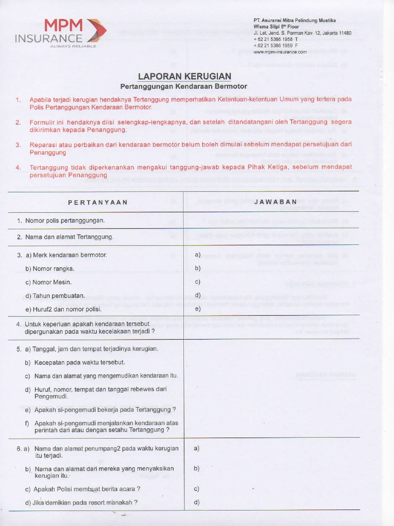Formulir Laporan Kerugian | PDF