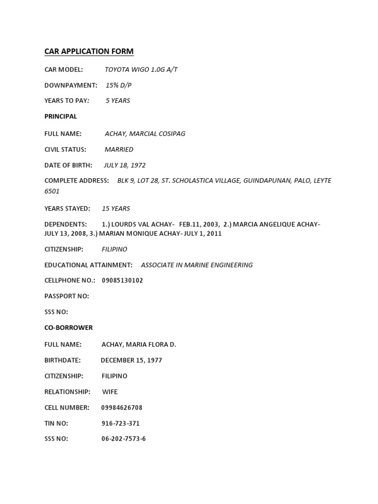 Car Application Form | PDF | Business