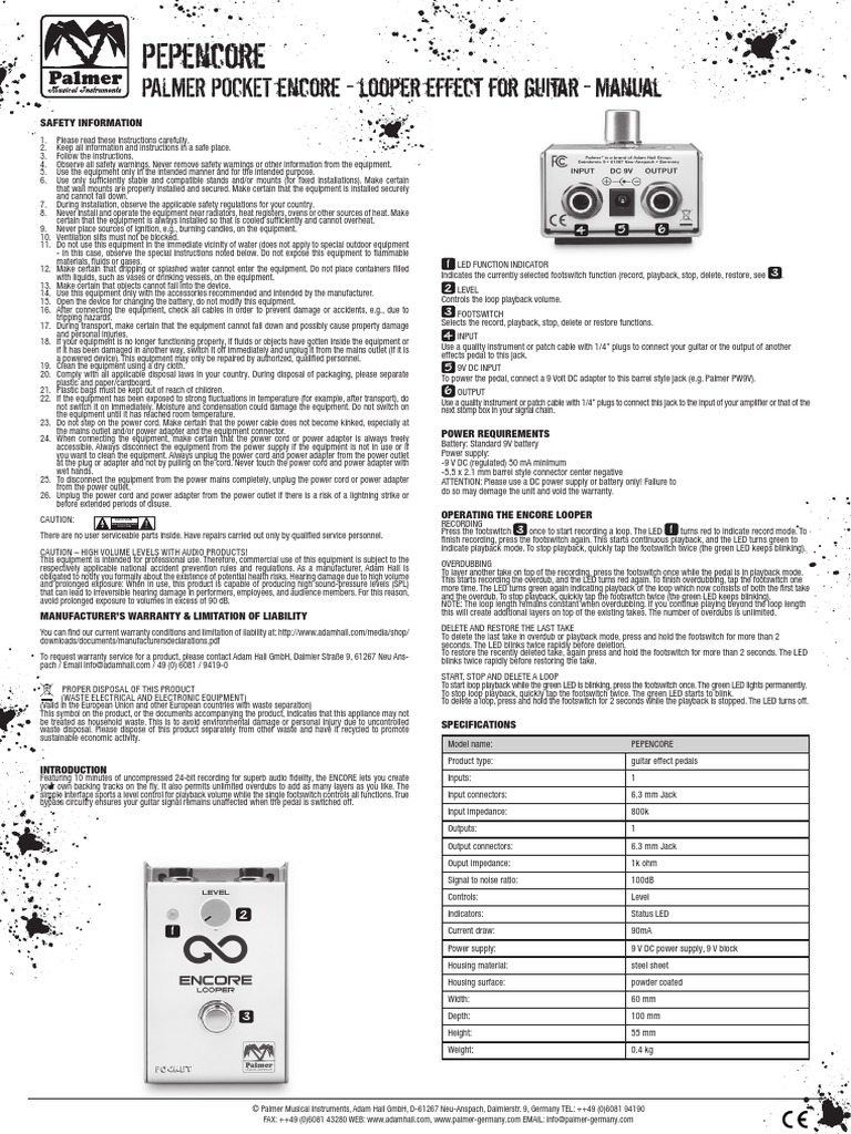 Pepencore: Palmer Pocket Encore - Looper Effect For Guitar - Manual | PDF | Electrical ...