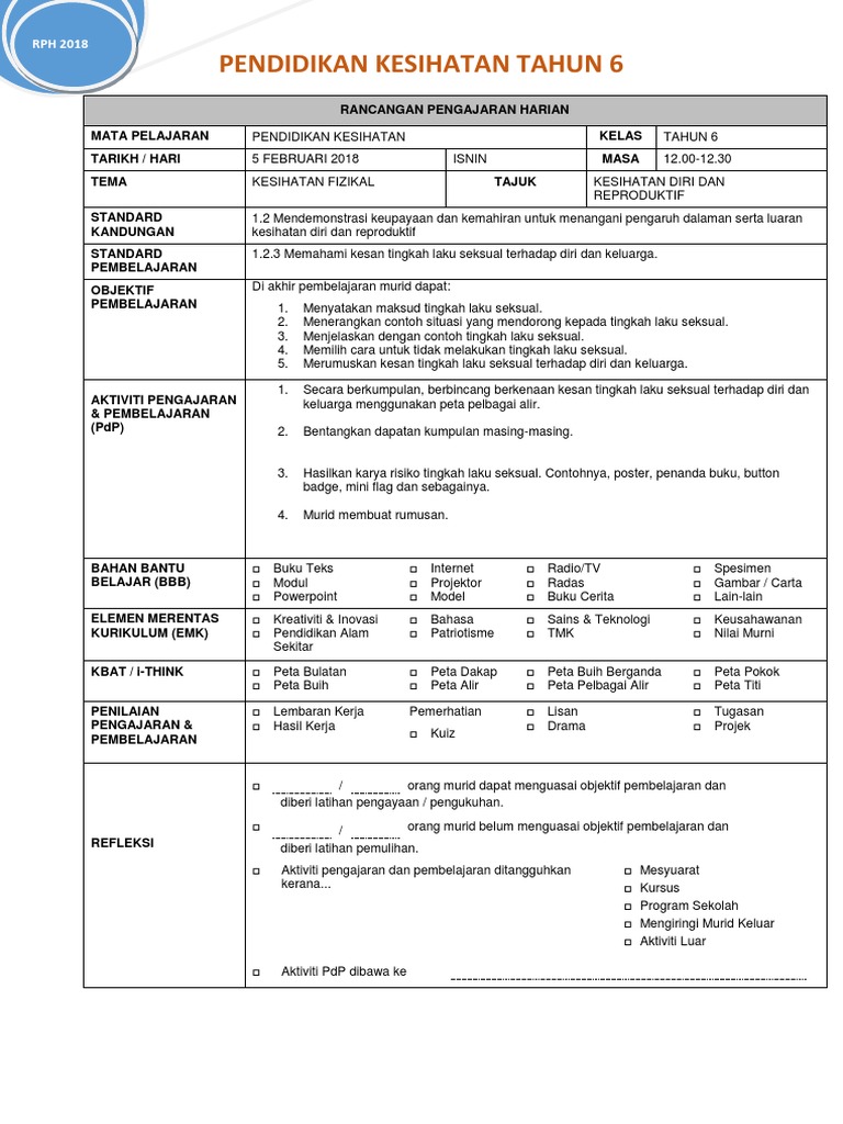 Contoh RPH Pendidikan Kesihatan | PDF
