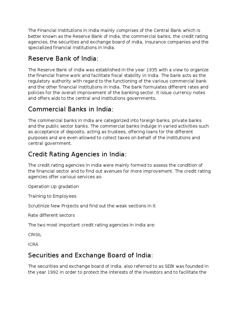 The Financial Institutions in India Mainly Comprises of The Central ...