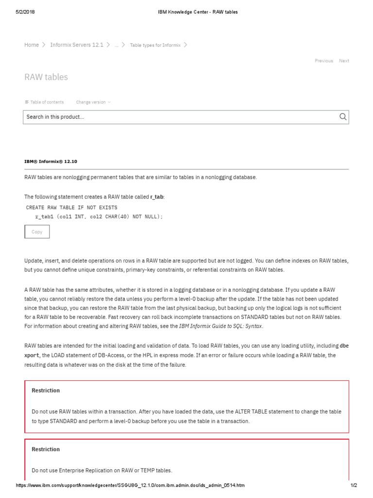 IBM Knowledge Center - RAW Tables | PDF | Table (Database) | Databases