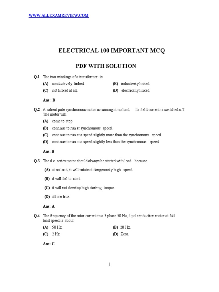 Electrical100 Important Expected MCQ PDF With Solution | PDF | Transformer | Electrodynamics