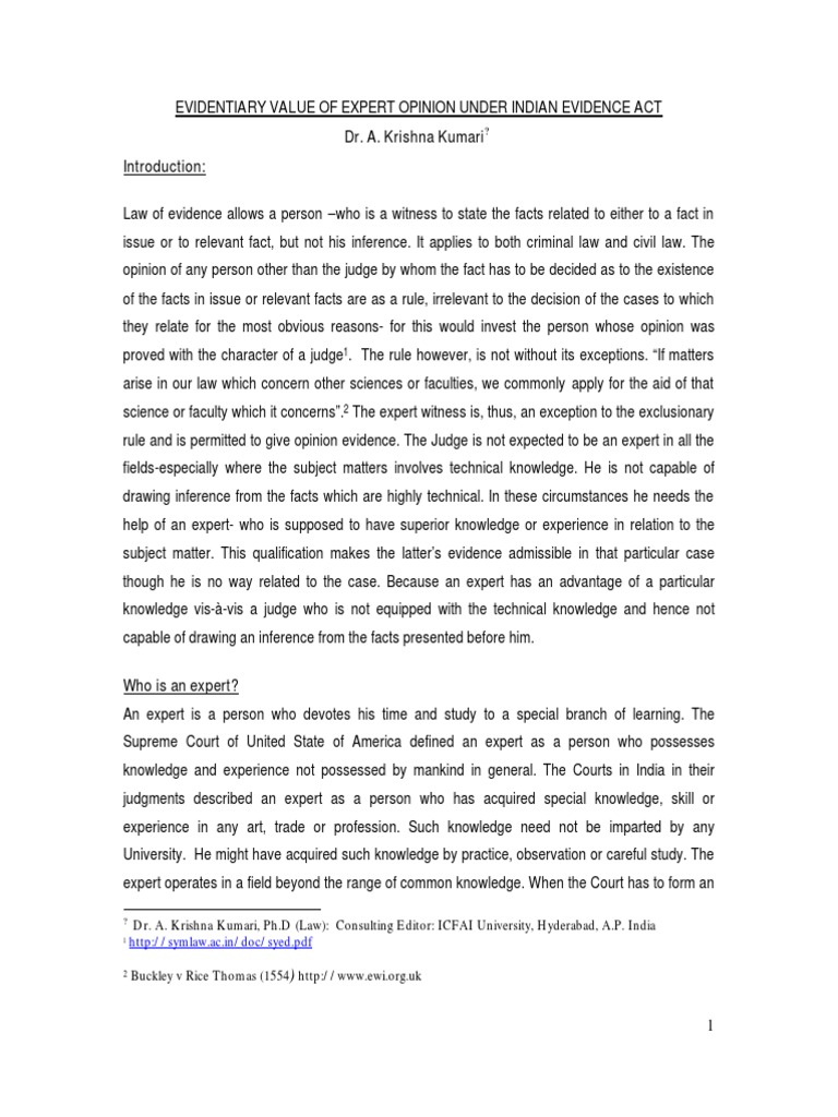 Expert Opinion Under Indian Evidence Act | PDF | Expert Witness ...