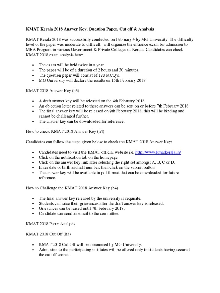 KMAT Kerala 2018 Exam Analysis & Key | PDF | Test (Assessment ...