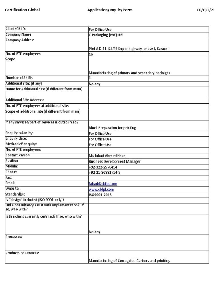 Certification Global Application/Inquiry Form: For Office Use C ...